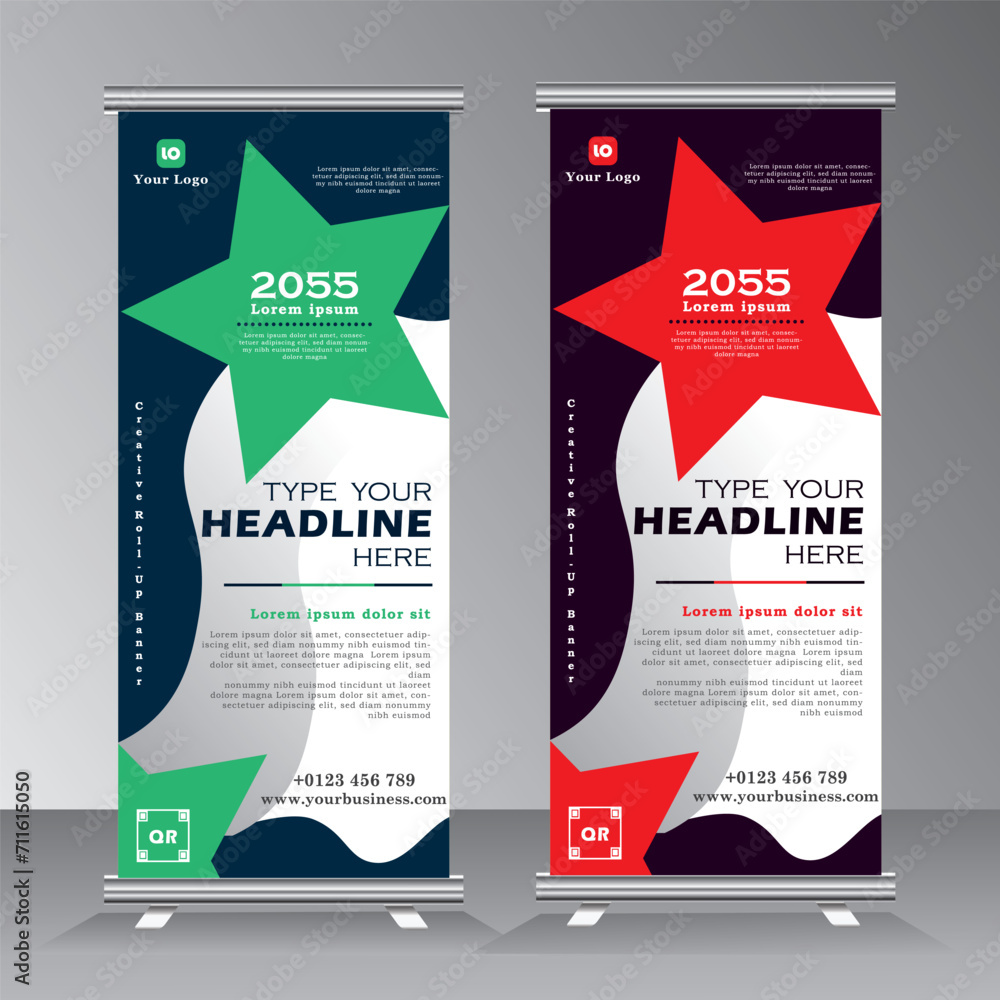 Roll up banner design template with star shape, modern vertical banner ...