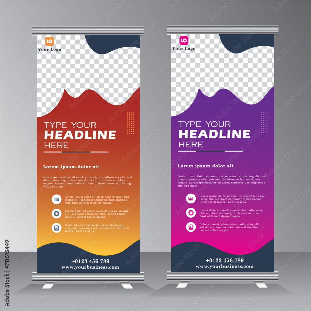 roll up banner stand design with abstract Background, colorful standee ...