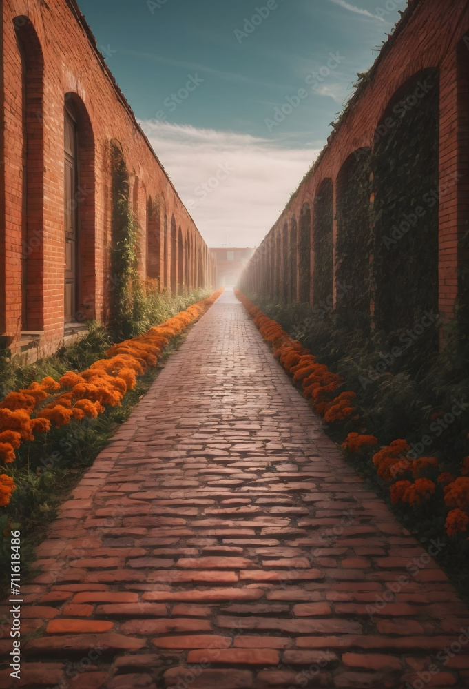 Sunlit Brick Pathway with Vibrant Marigold Borders in Historical Garden ...