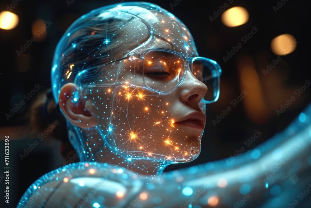 The Girl S Face Is Covered With Strands Of An Electronic Neural
