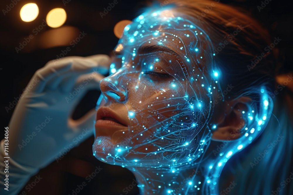 The Girl S Face Is Covered With Strands Of An Electronic Neural
