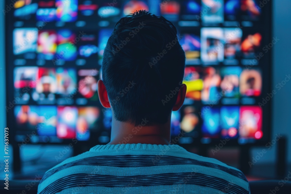 Person Watching Tv With Remote Control Surrounded By Tv Channels In ...