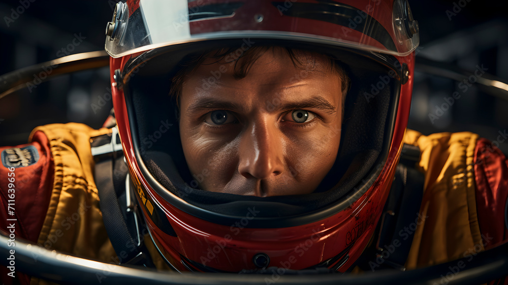 A race car driver is clad in a helmet and racing suit, his intense gaze ...