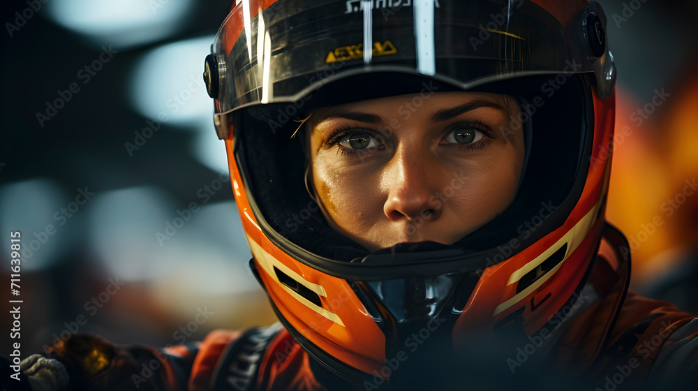 A race car driver is clad in a helmet and racing suit, his intense gaze ...