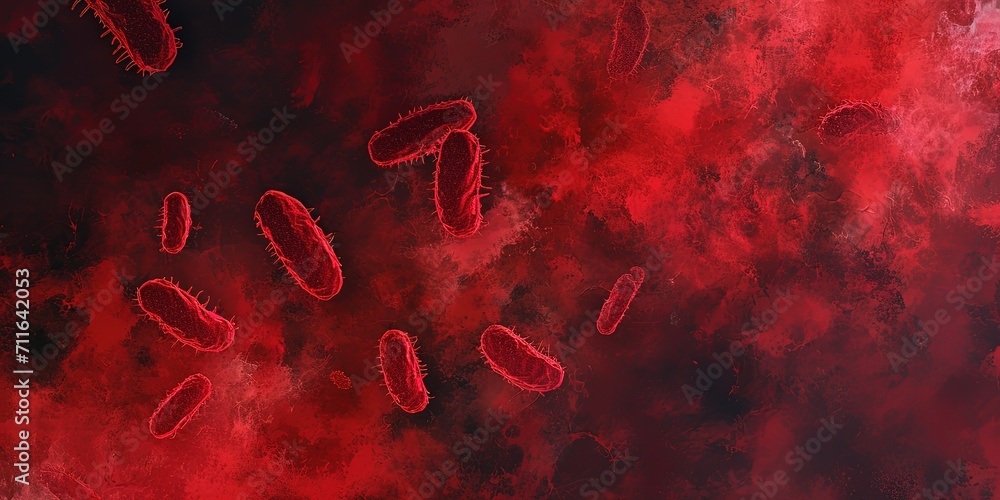 Illustration of bacteria and viruses in bright red color, indoor and ...