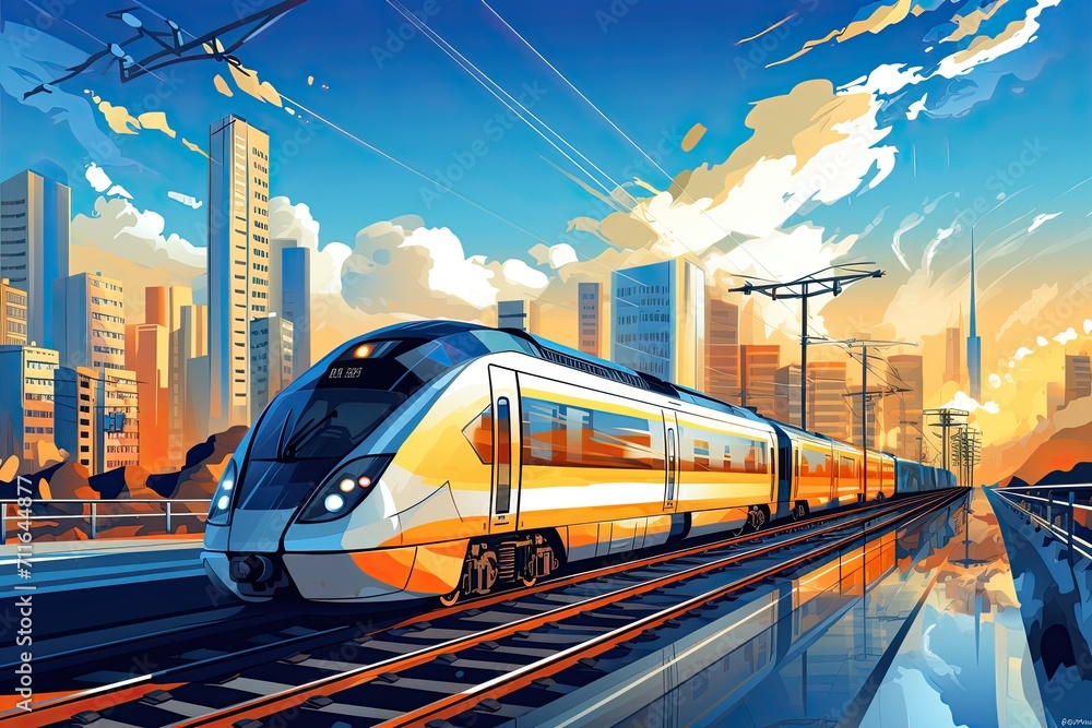 City train or commuter train, High speed train in motion on the railway ...