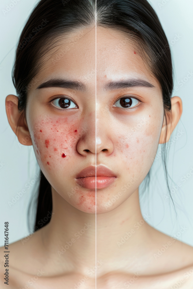 Image before and after spot red scar acne pimples treatment on face ...