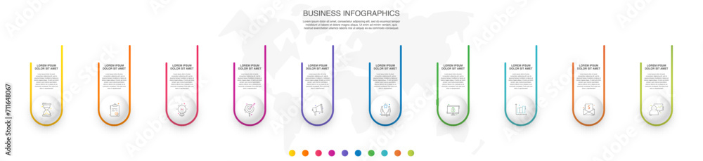 Vector timeline infographics template with ten circles and options ...