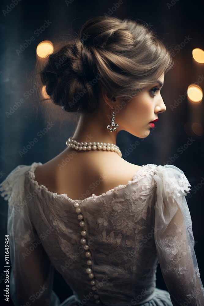 Elegant woman, viewed from behind, dons a timeless antique dress and ...