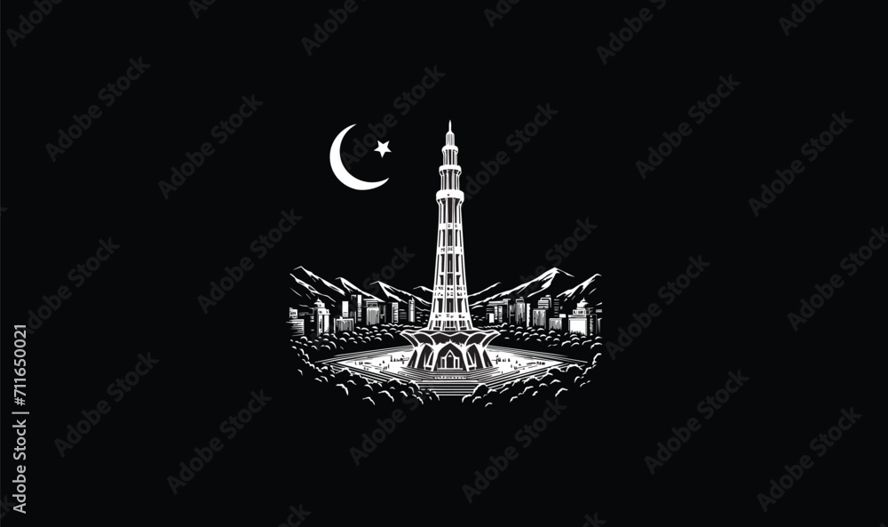 minar e pakistan logo, white logo on black background, place, moon ...