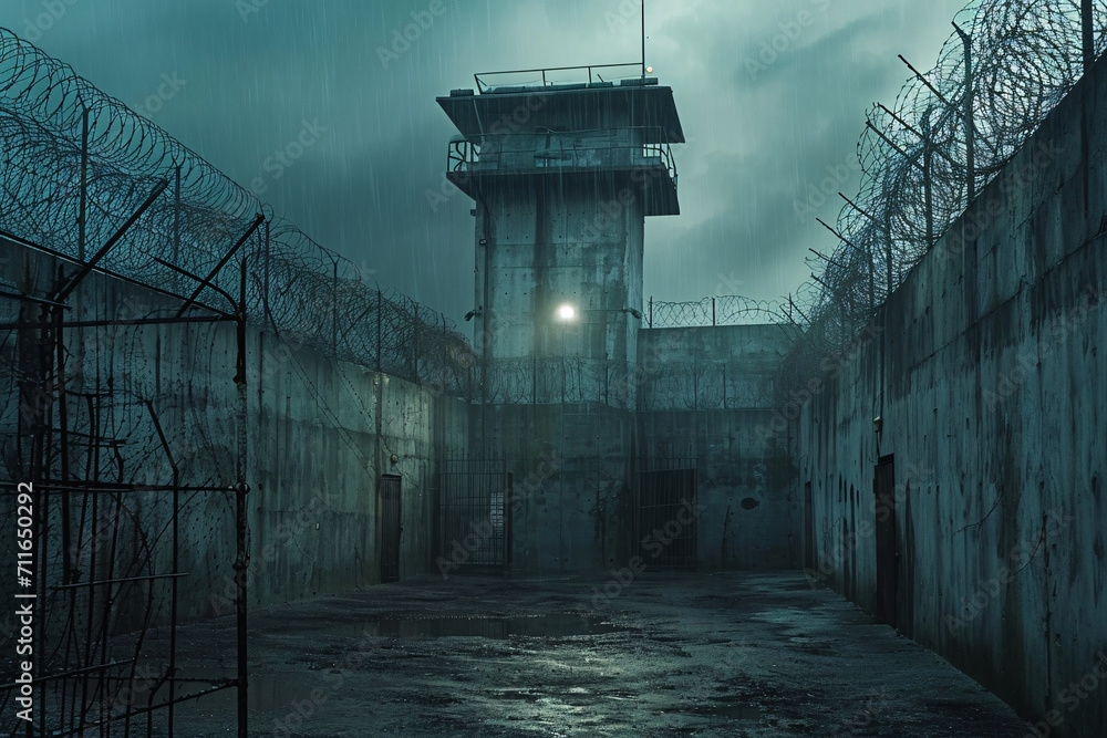 Moody night scene of a lit prison watchtower surrounded by high walls ...