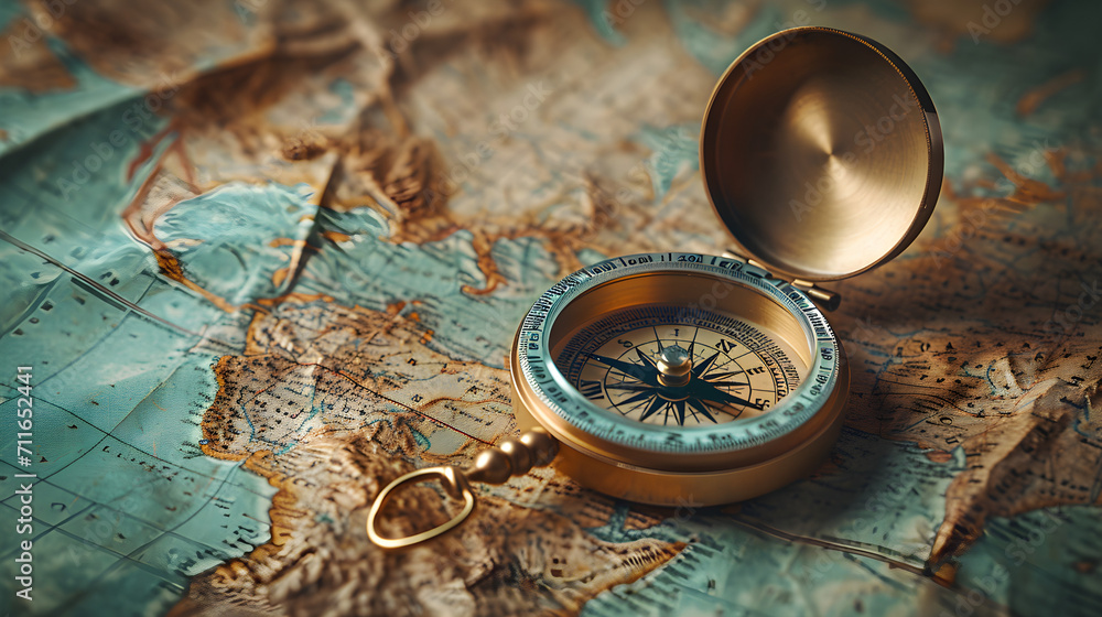 An old compass lies on a vintage map, representing decision making and ...