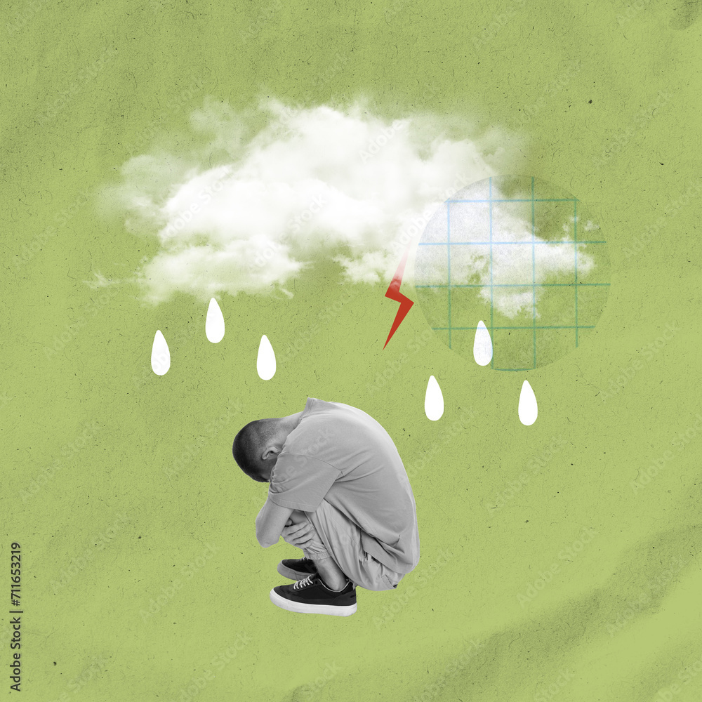 Person sitting over under storm cloud with raindrops and lightning ...