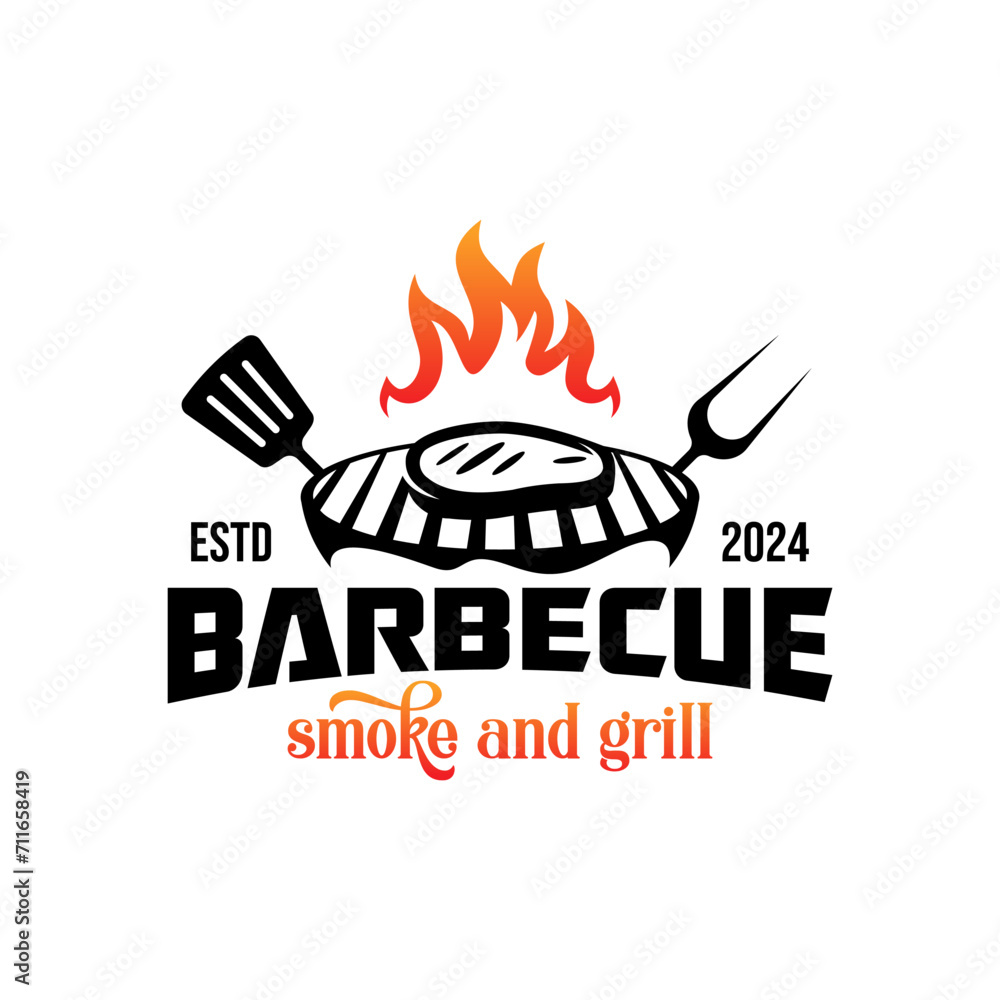 Barbeque smokehouse, barbecue bar and grill logo design with fork and ...