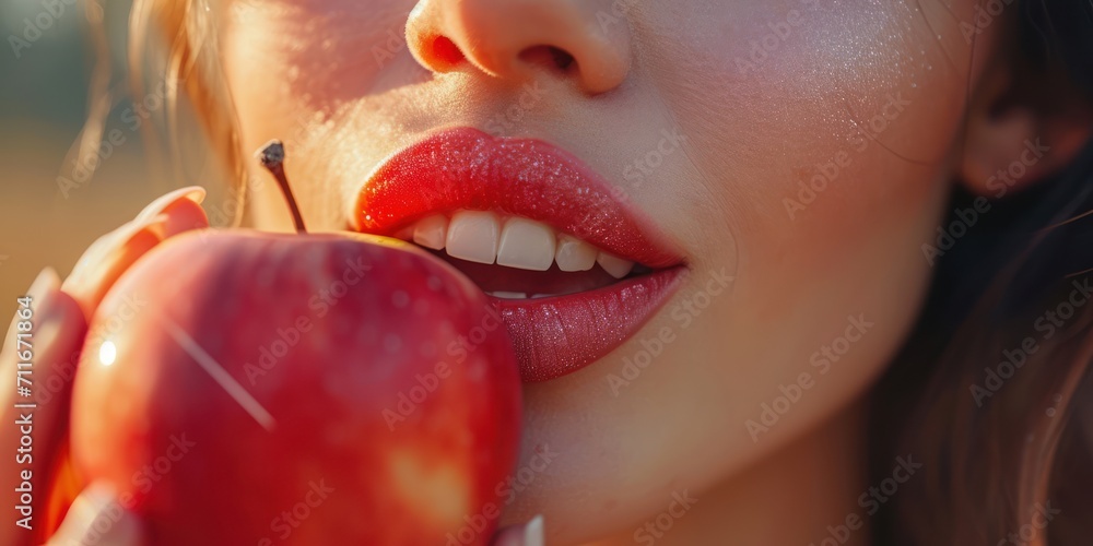 Crop Image, Beautiful lips and teeth of young girl biting an apple ...
