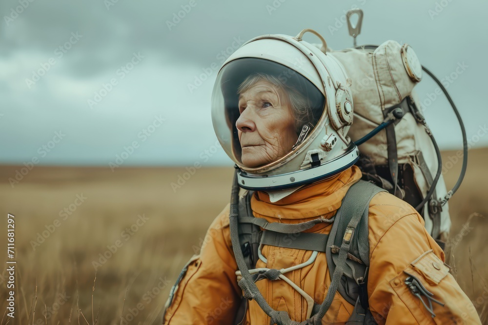 Old woman astronaut in spacesuit walks across field. Generative AI ...