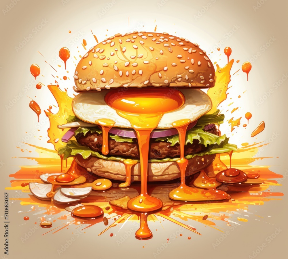 Hand drawn burger illustration. Cartoon style artwork of an oversized ...