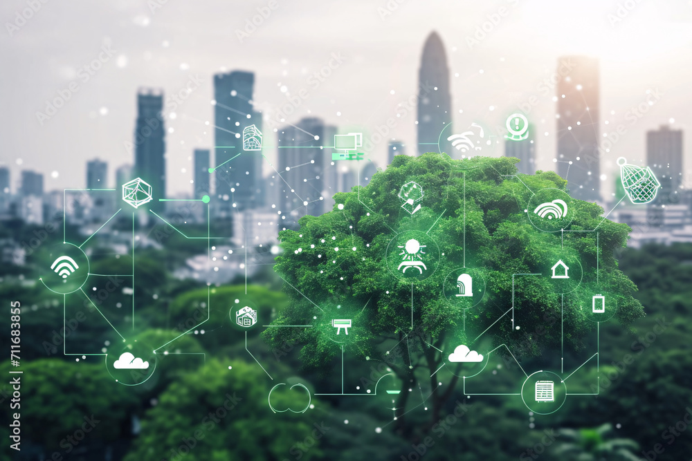 Urban park with digital network icons overlaying green trees Stock ...
