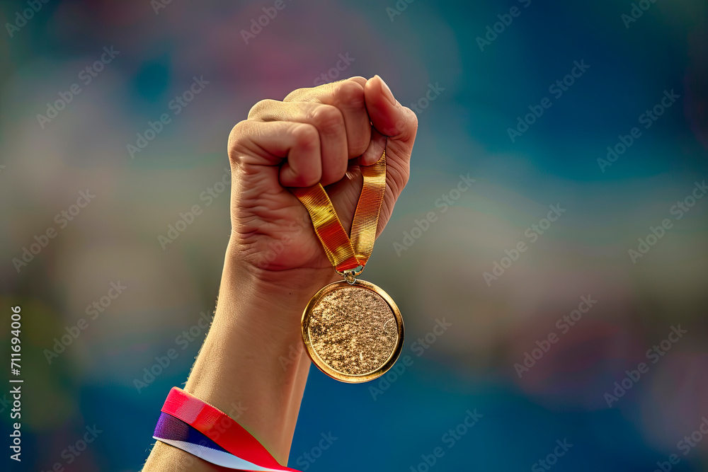 hand of a woman raising an Olympic gold medal in victory Stock ...