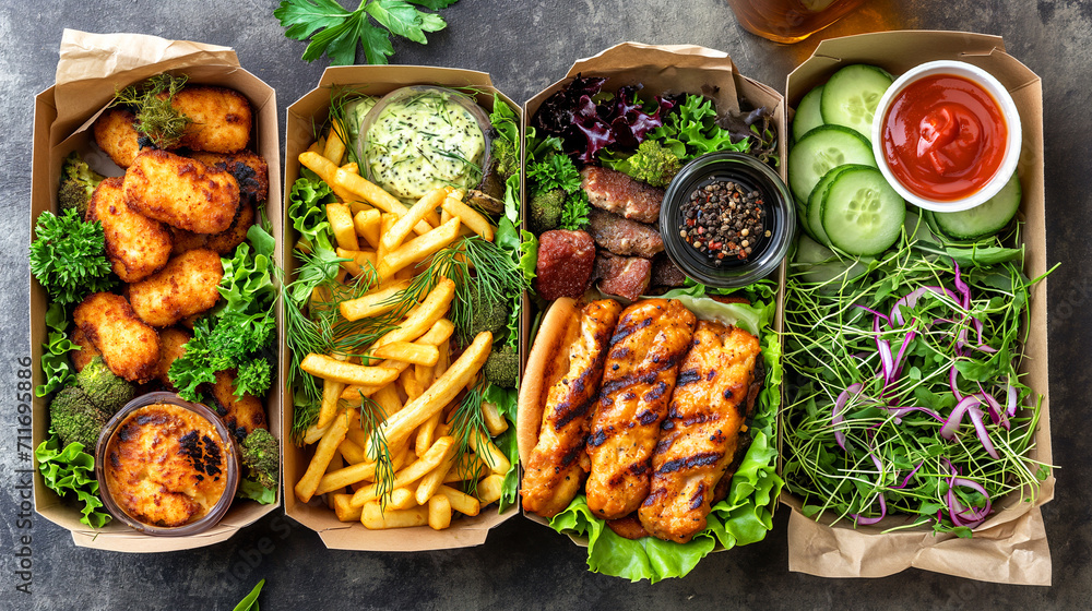 various takeout food boxes with fish sticks, fries, sausages, grilled ...