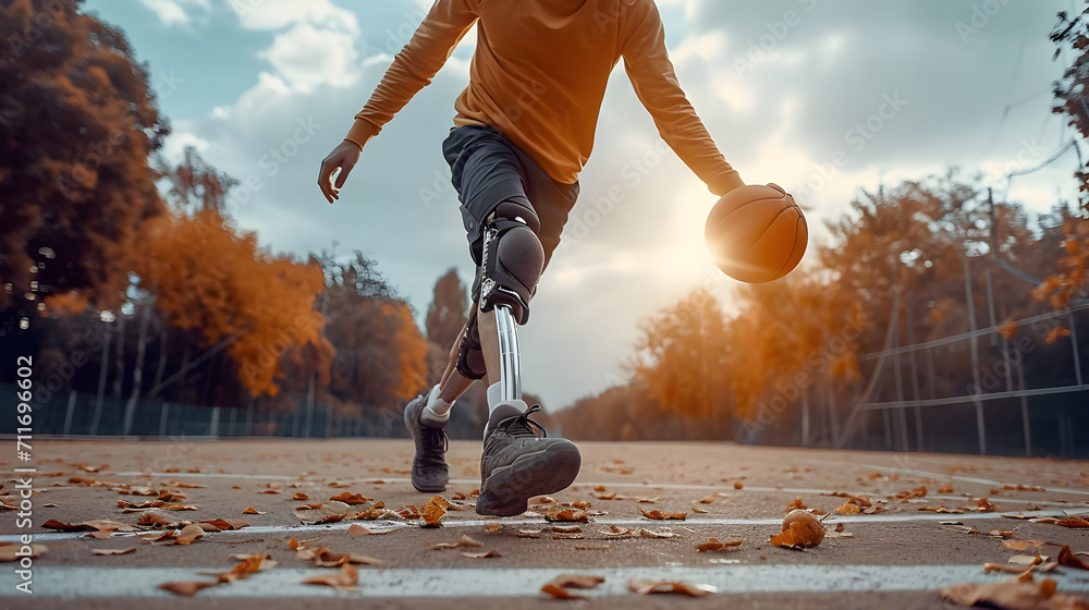 Disabled boy playing basketball with prosthetic legs on a basketball ...