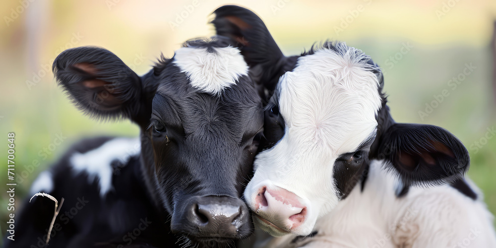 Foto de Affectionate Embrace of Black and White Cows. Close-up portrait ...