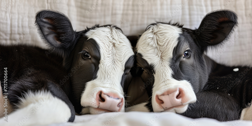 Affectionate Embrace of Black and White Cows. Close-up portrait of two ...
