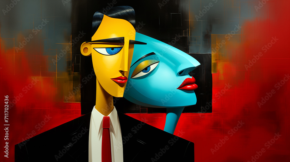 The image features a fusion of two stylized faces, one male and one ...