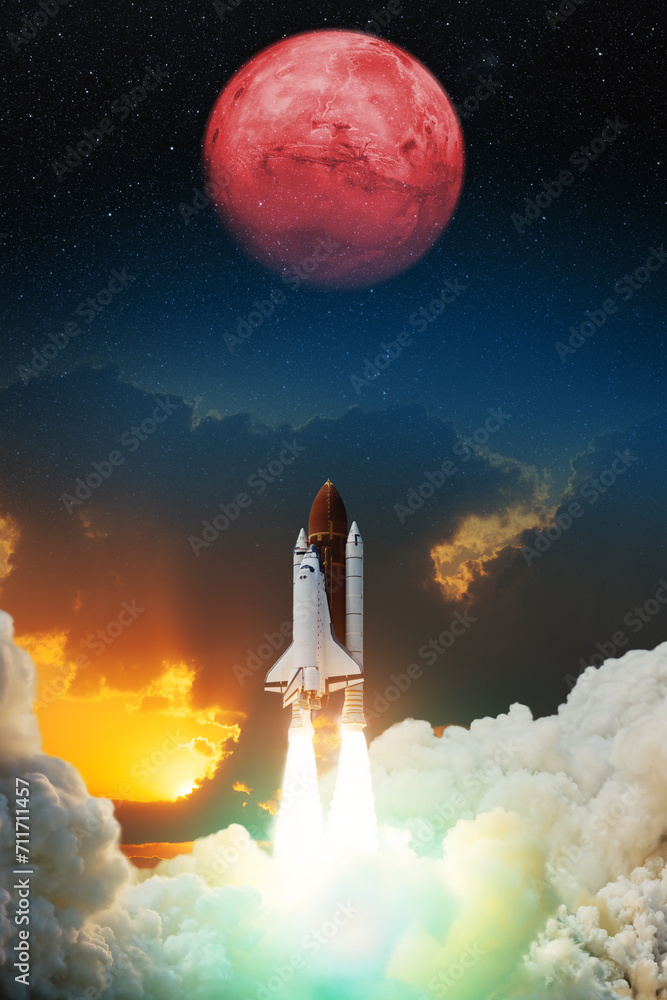 Spaceship lift off. Space shuttle with blast and smoke takes off to the ...