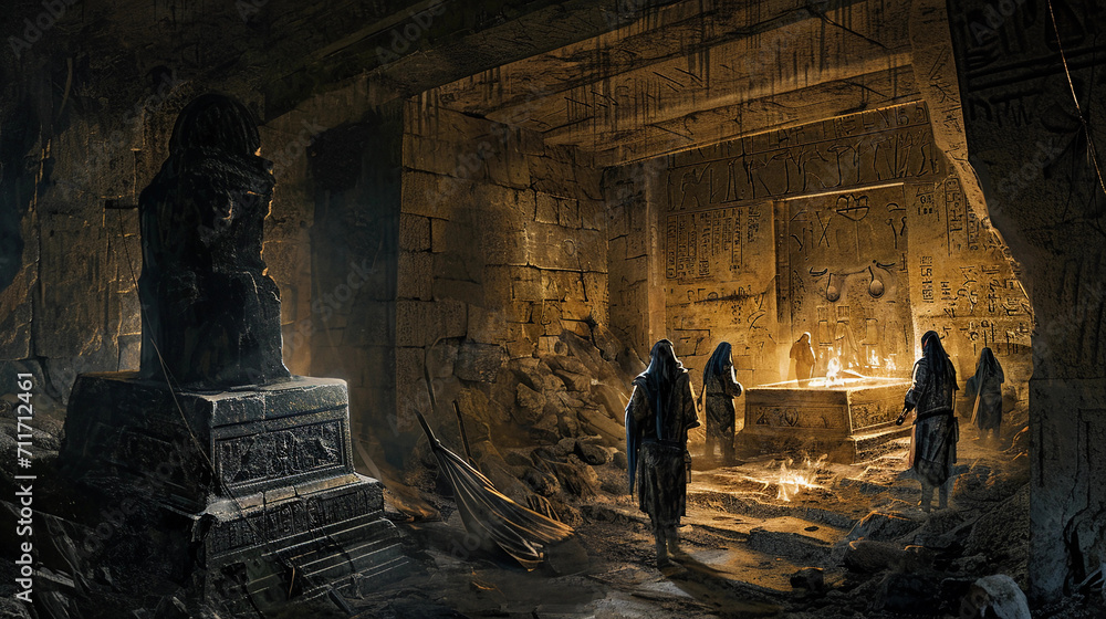 team of archaeologists discovering a hidden underground tomb, filled ...