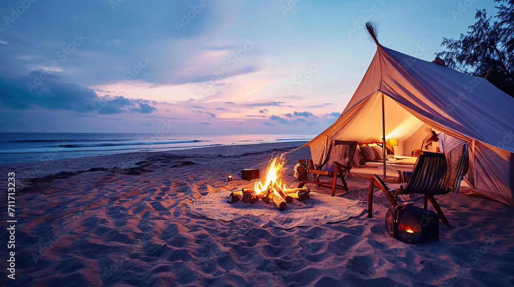sumptuous glamping scene on a secluded beach, with an upscale tent ...