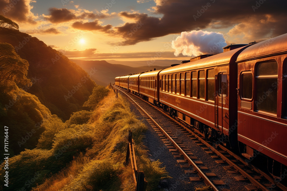 A vintage train chugging through scenic countryside, winding tracks ...