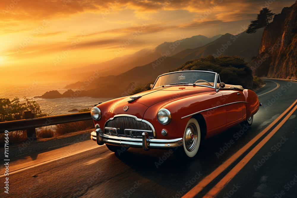 A vintage convertible driving along a coastal highway, with the sun ...