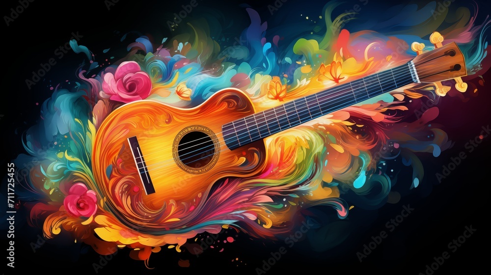 Abstract and colorful illustration of an ukulele on a black background ...