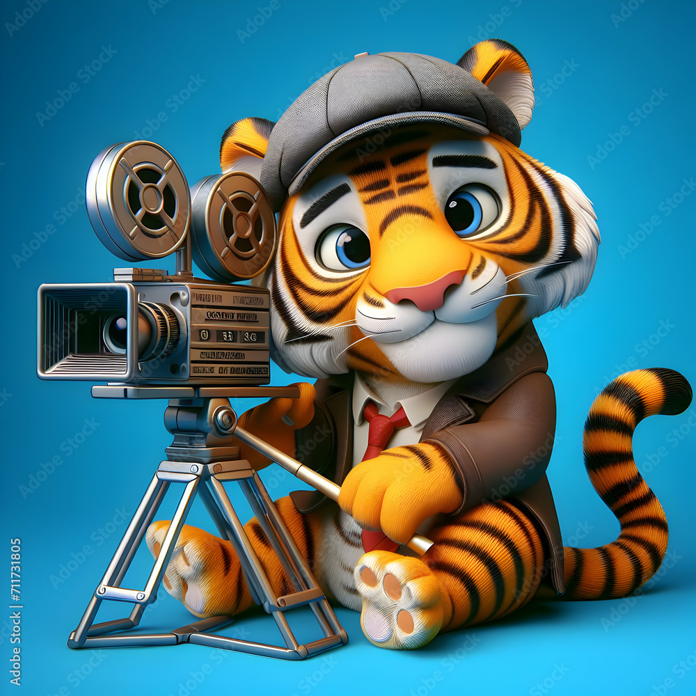 cute tiger as a movie director holding a movie camera in a 3D inflate ...