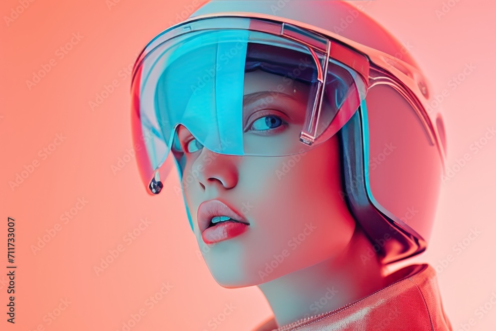 cool portrait of a model girl with a minimal helmet and glasses posing ...