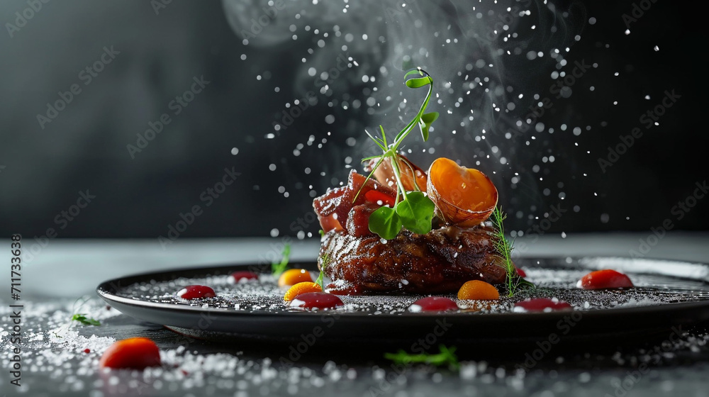 Illustration of a steak dish, in a Michelin star restaurant, main ...