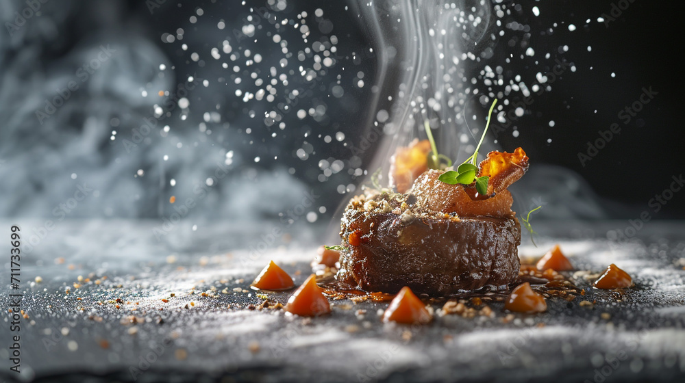 Illustration of a steak dish, in a Michelin star restaurant, main ...