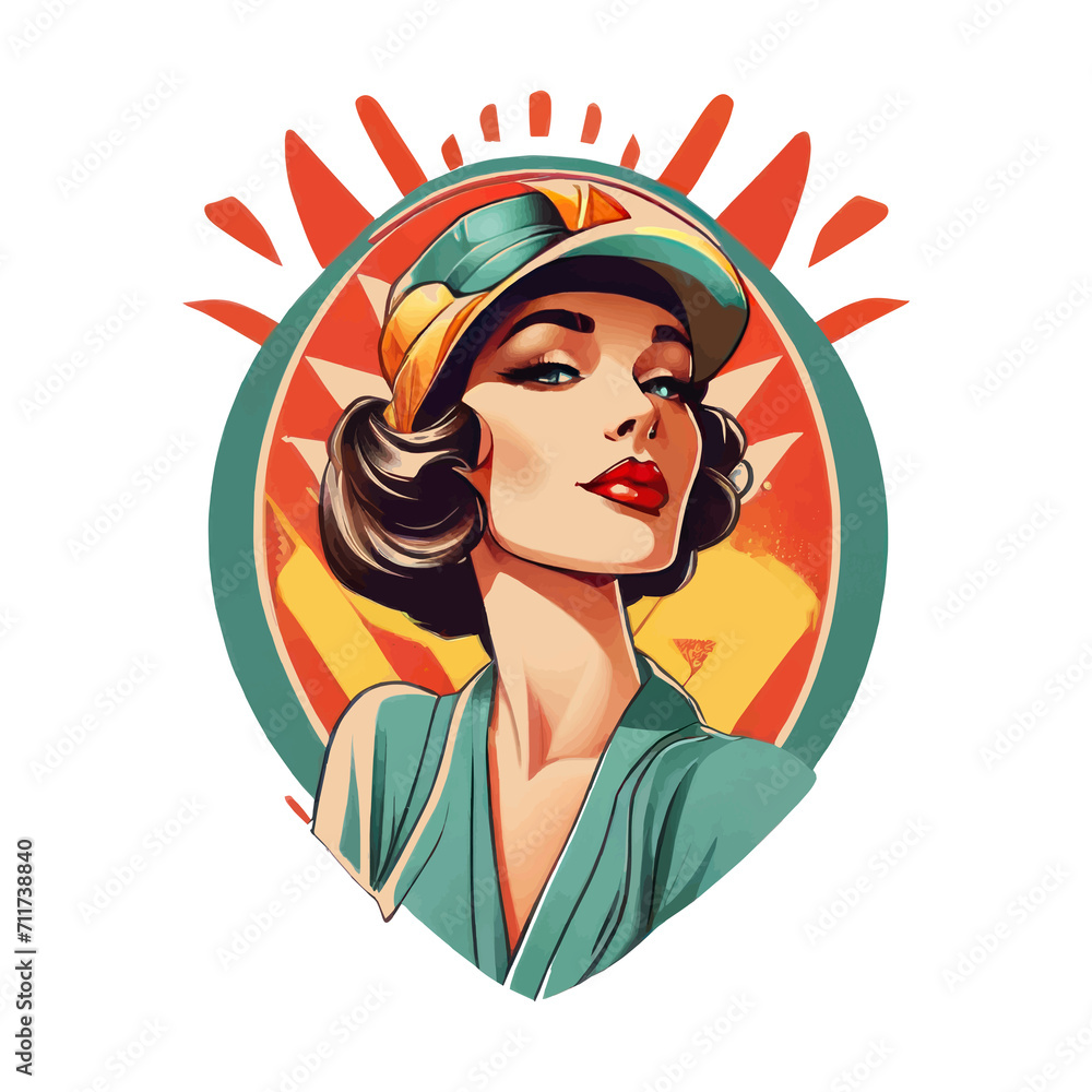 Art Deco graphic design with a female character in a lively comic ...