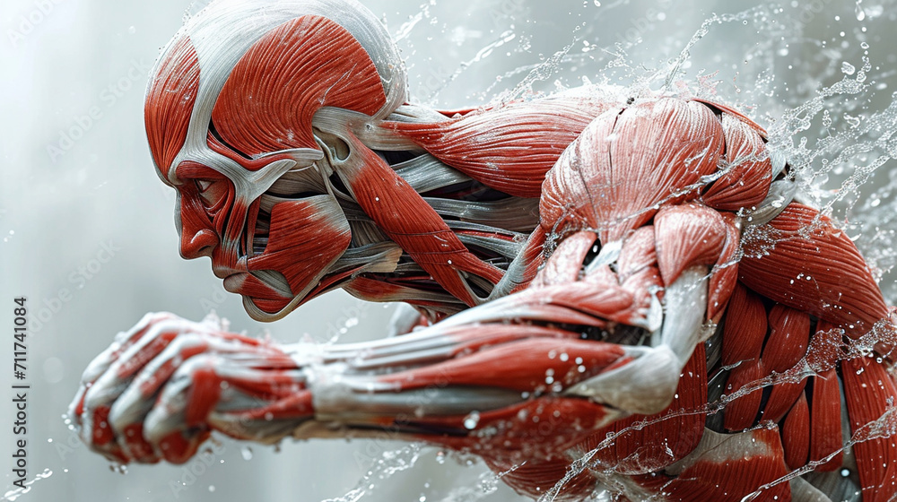 An immersive 3D rendering of the human muscular system, with layers of ...