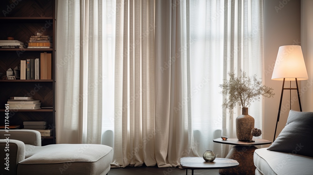 full curtains in an apartment light-colored room with subtle pops of ...