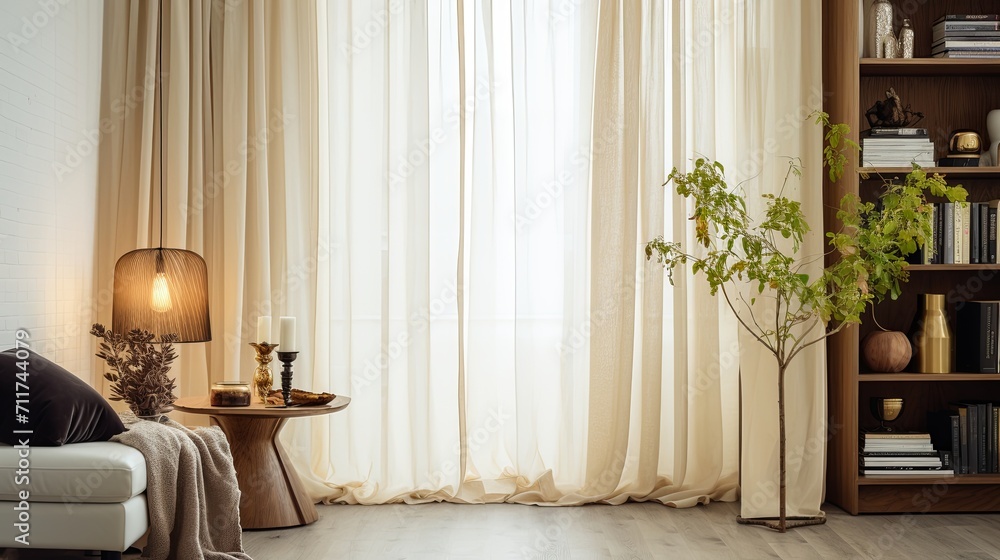 full curtains in an apartment light-colored room with subtle pops of ...