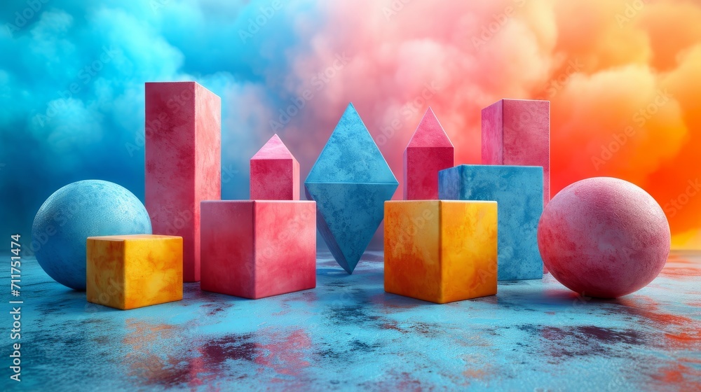 Vibrant 3D geometric shapes with a pastel color palette against a ...