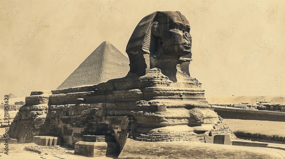 an old photo of a statue in front of the pyramids of giza and the great ...