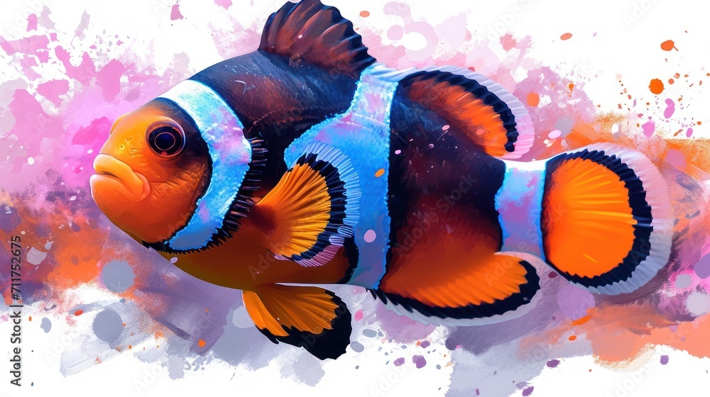 a close up of a clown fish with watercolor paint splatches on it's face ...
