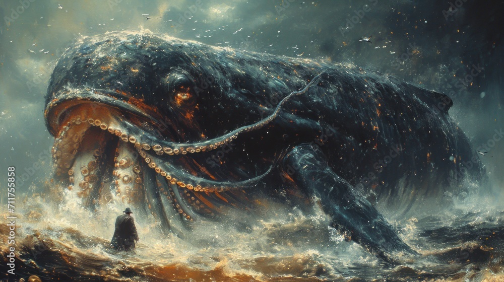 a painting of a giant octopus attacking a man in a boat in a body of ...