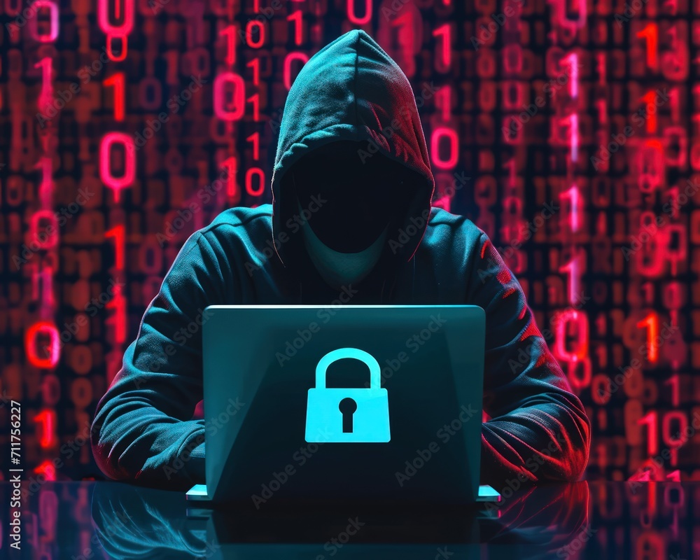 faceless hacker with laptop in front of matrix background - ai ... faceless hacker with laptop in front of matrix background - ai ...