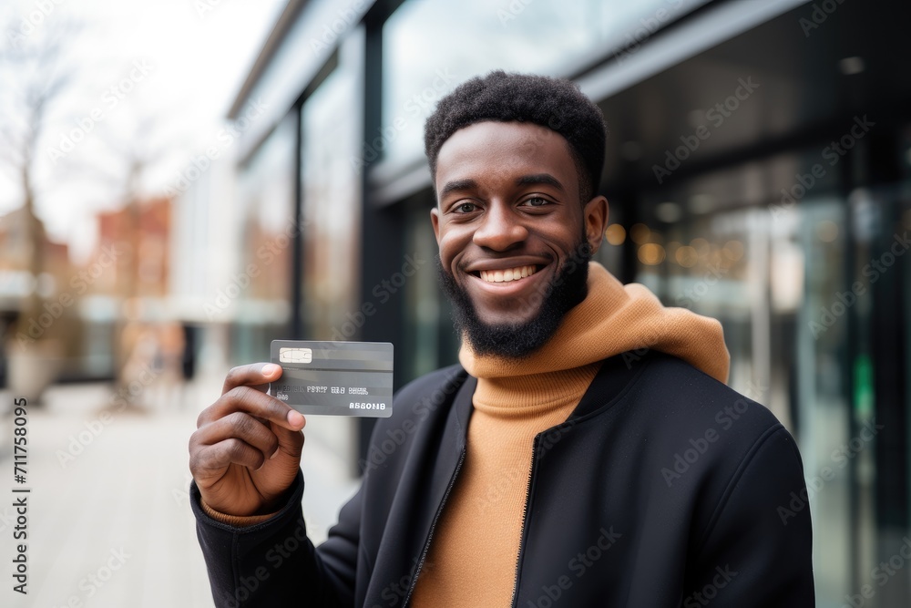A man holds up a credit card in front of a building, ready for payment ...