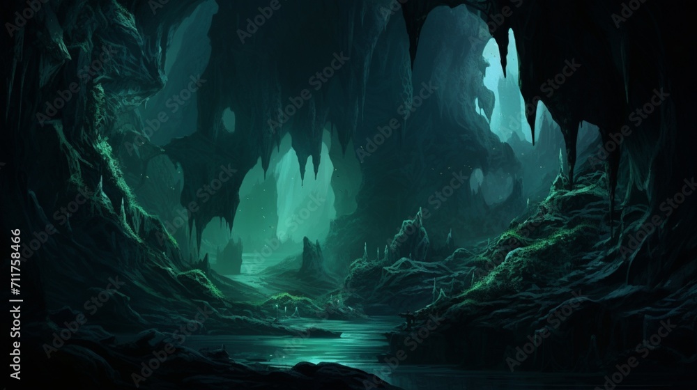 A nocturnal view of a bioluminescent cave system, showcasing the ...
