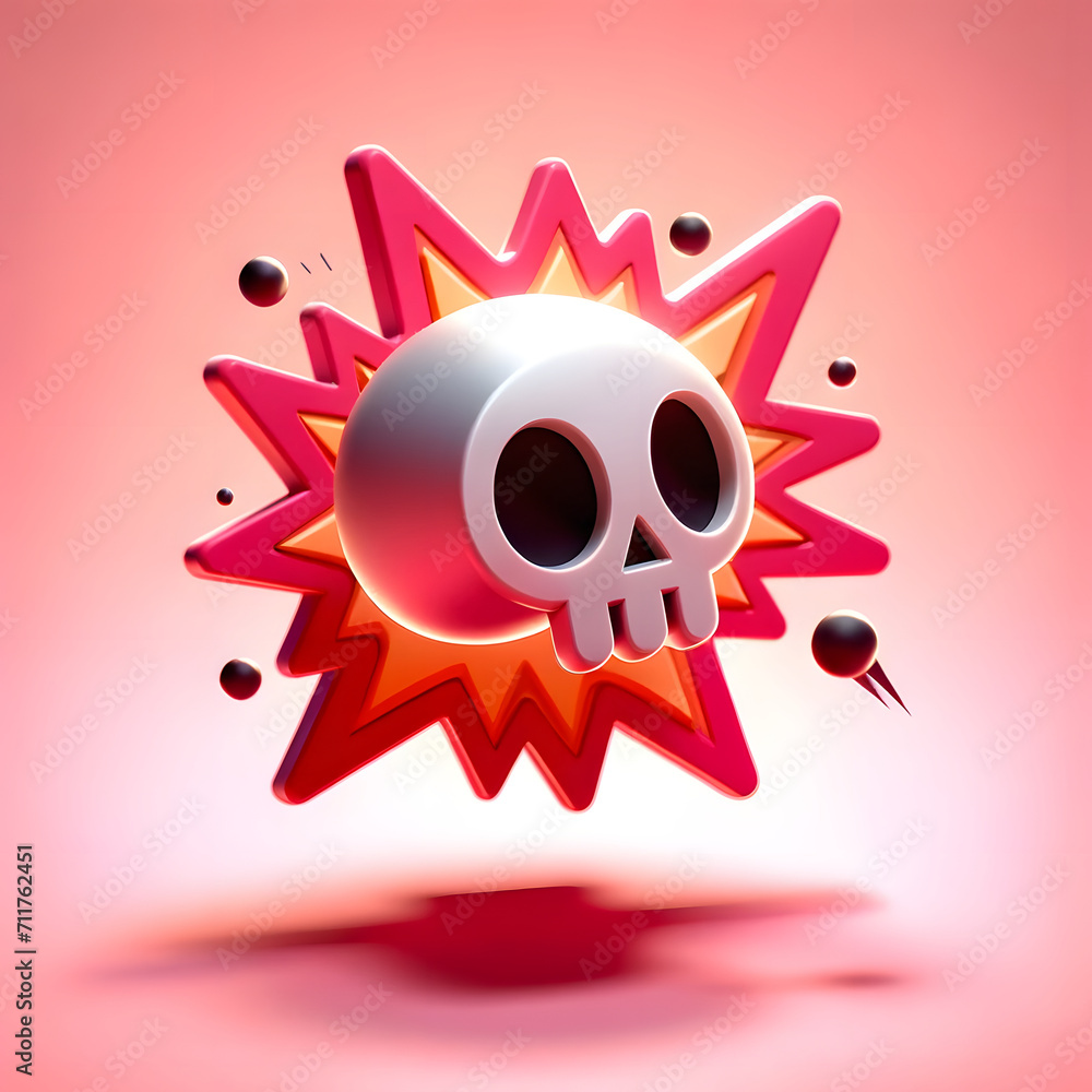 little skull with a comical exploding effect, floating in mid-air ...